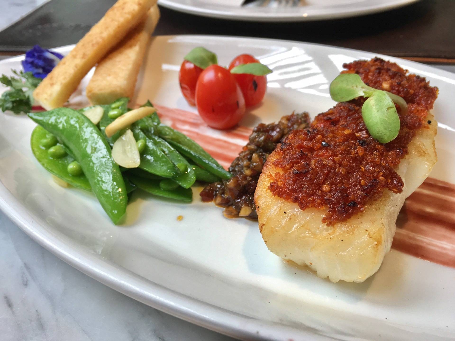 Roasted Snow Fish With Chorizo, Walnut, And Red Pepper Relish ร้าน ...