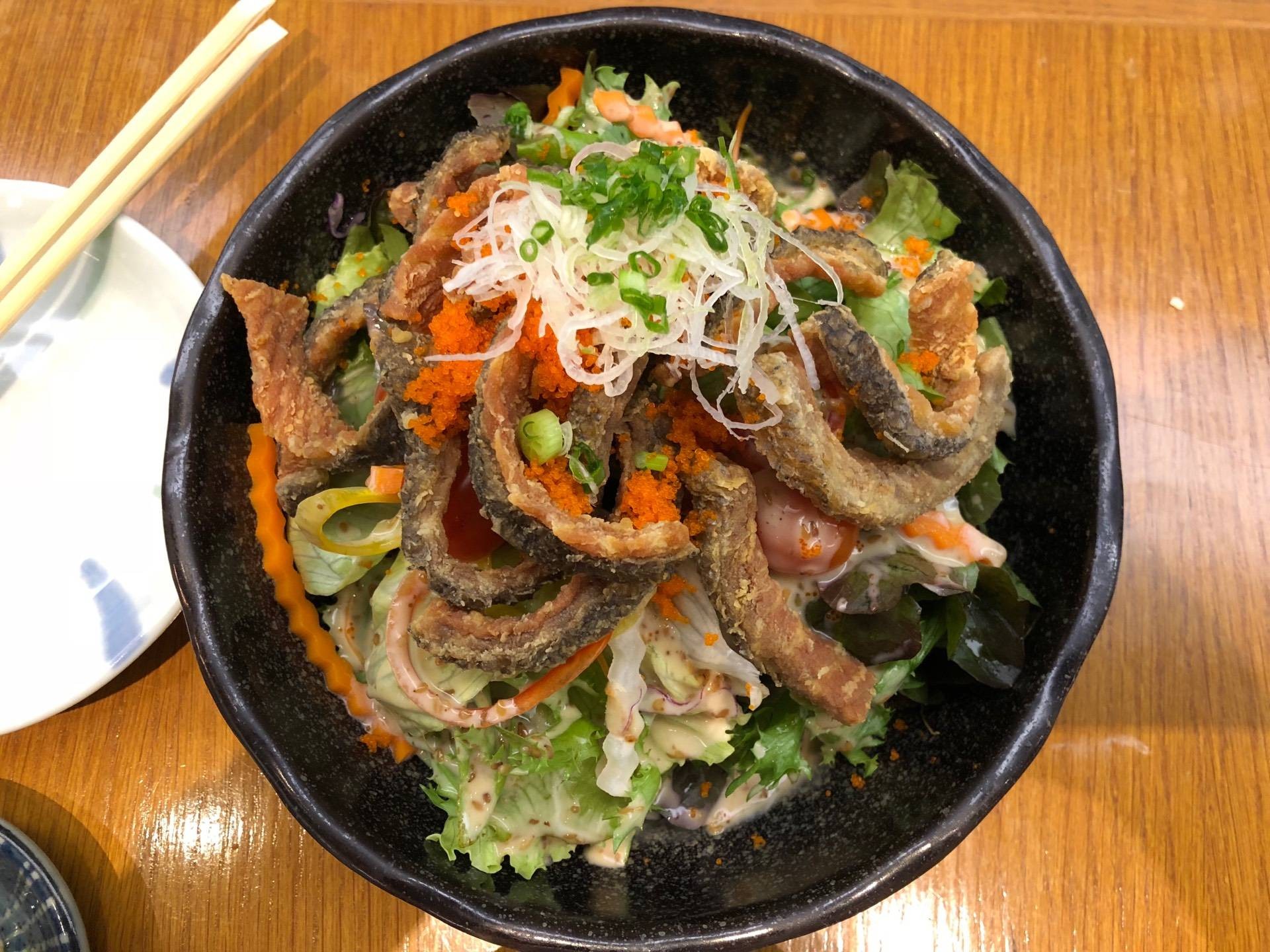 สลัดหนังปลาแซลมอนทอดกรอบ ร้าน Hokkai-Don The EmQuartier