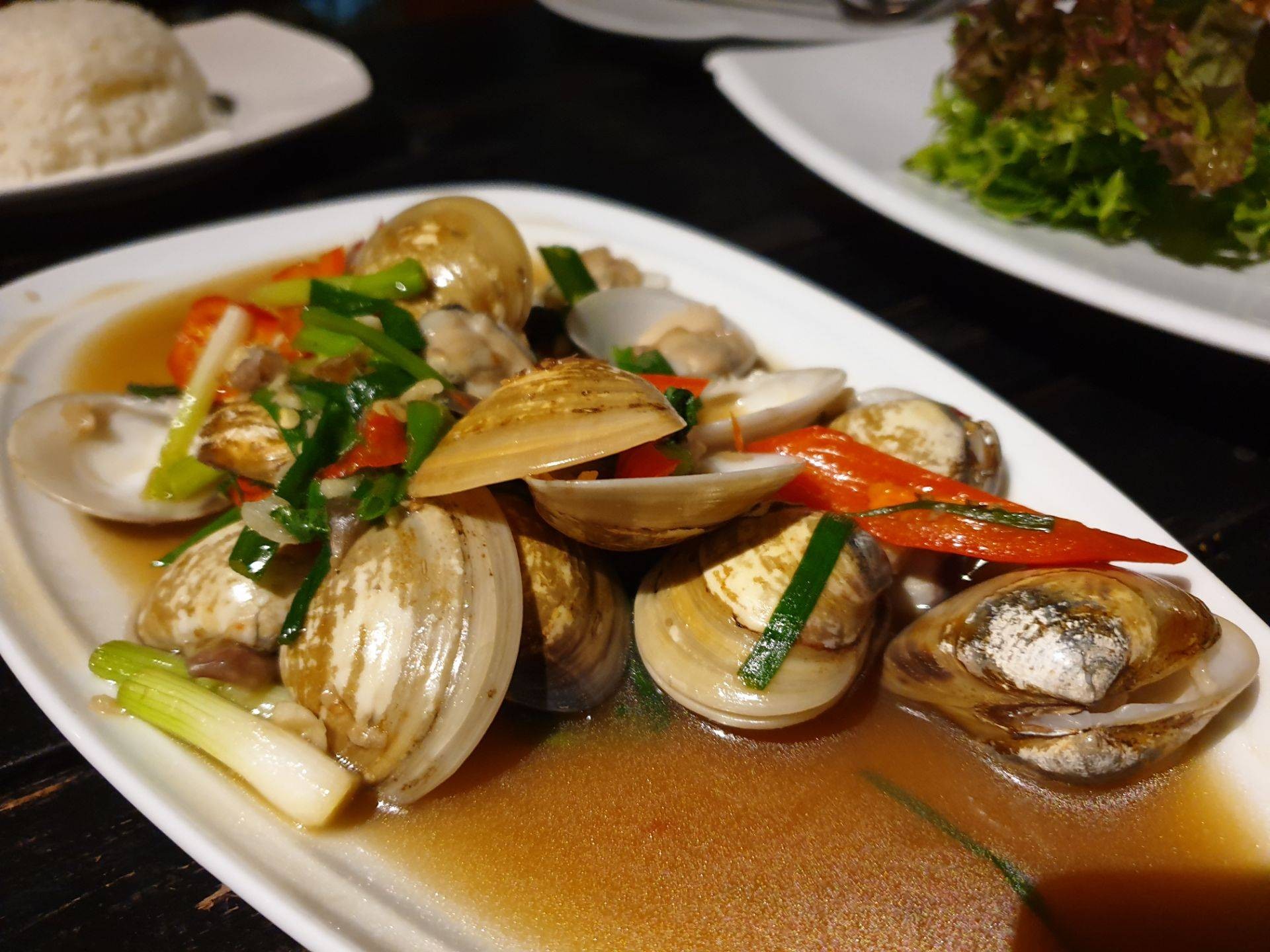 หอยตลับผัดใบโหระพา ร้าน RIVER WINE Restaurant and Wine Bar ปากเกร็ด