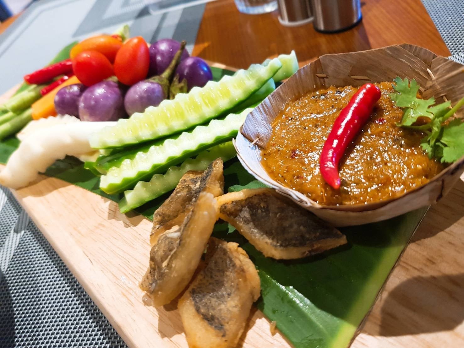 Fish Chilli Dip Paste with Steam Rice and side with Fresh Vegetable ...