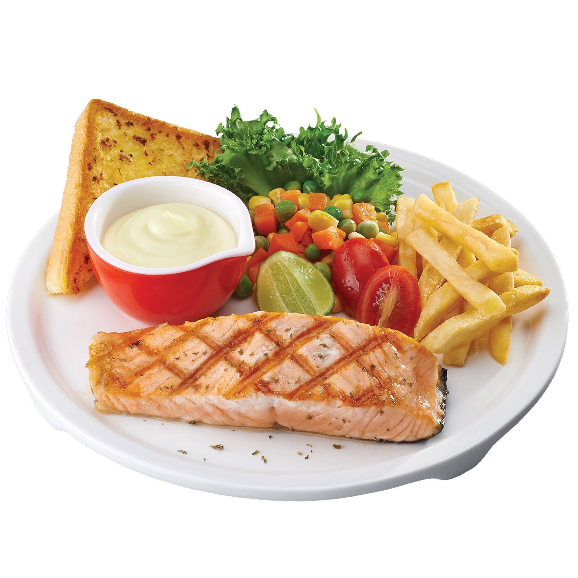 สเต็กปลาแซลมอนและเฟรนซ์ฟรายส์ • Grilled Salmon Steak with French Fries ...