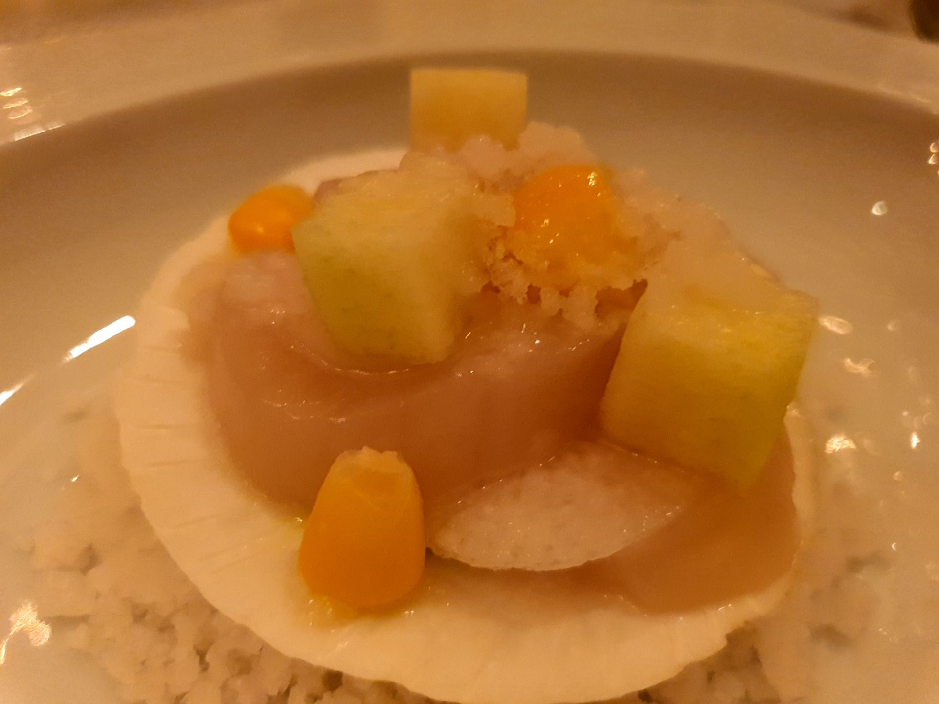 Amuse • Local Scallops Basil Cream, Sweet Corn, Preserved Turnip ...