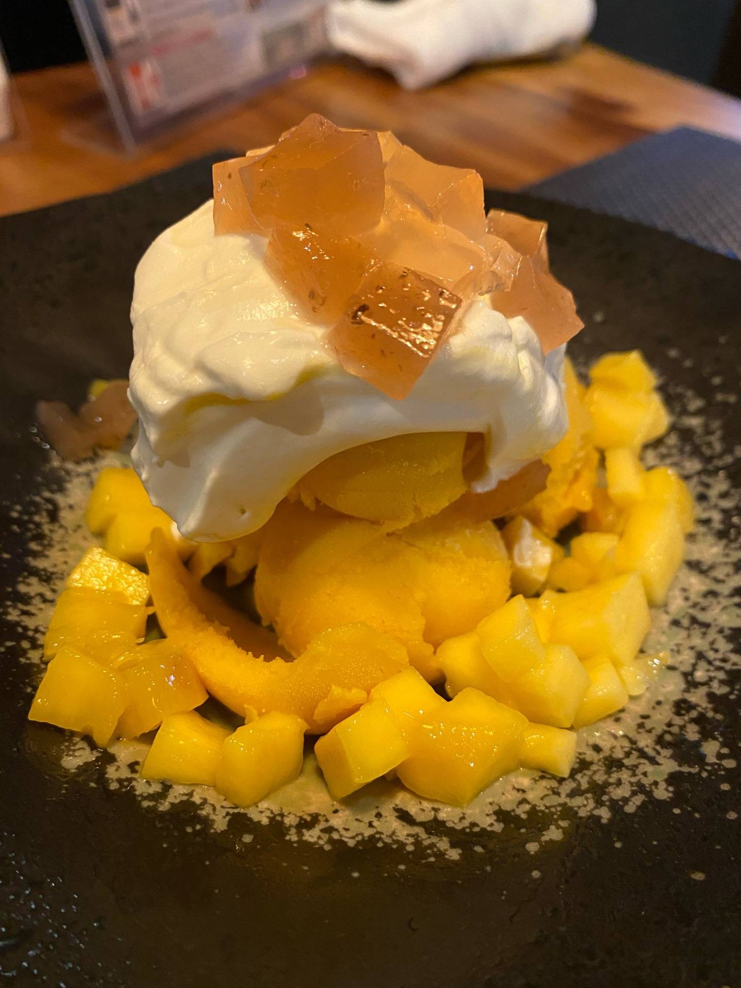 Umeshu jelly & mango sorbet • ume ร้าน Wagyu Shin Bangkok