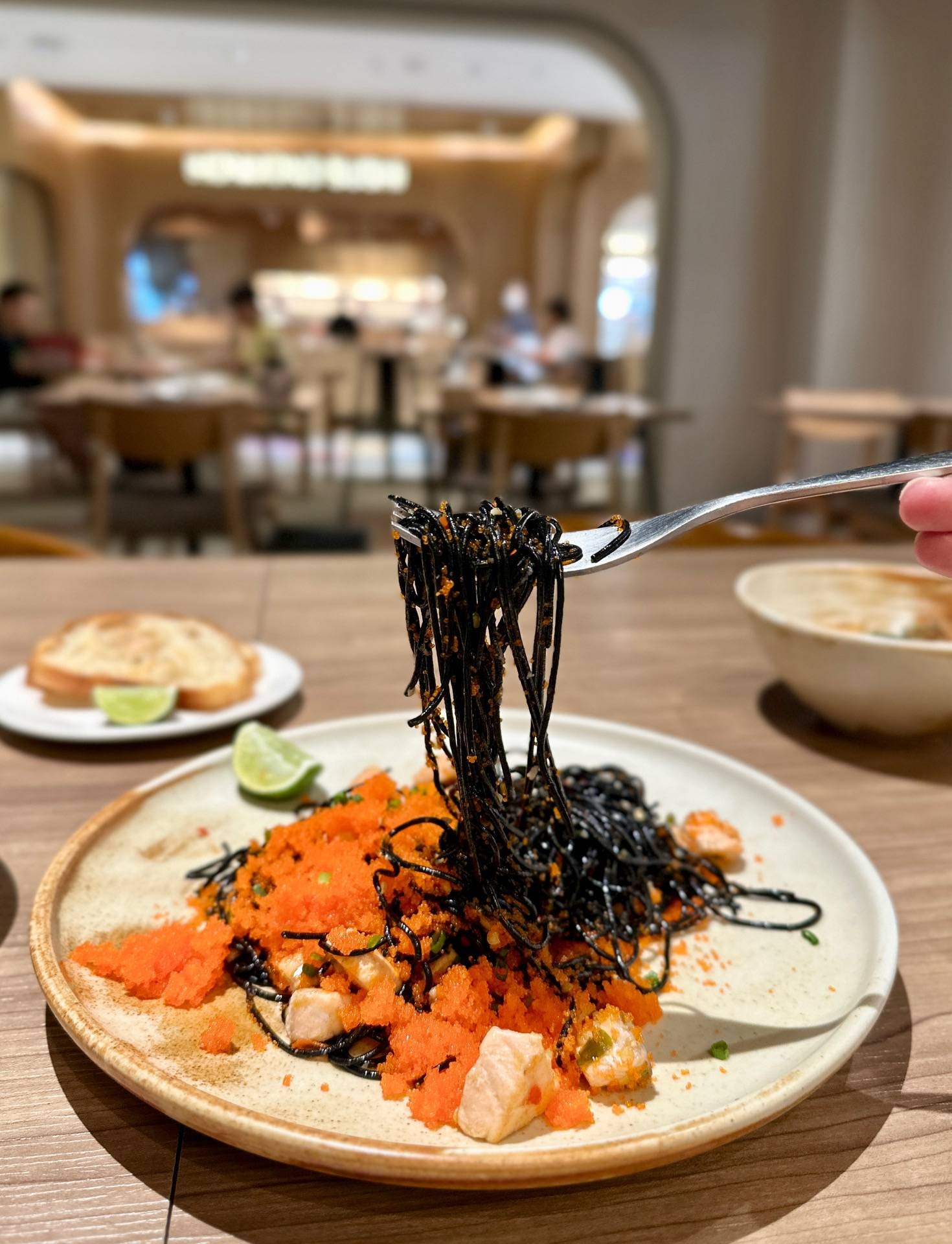 Spaghettini Black Ink Chilli Ebiko with Salmon ร้าน Nam Nam Pasta and ...