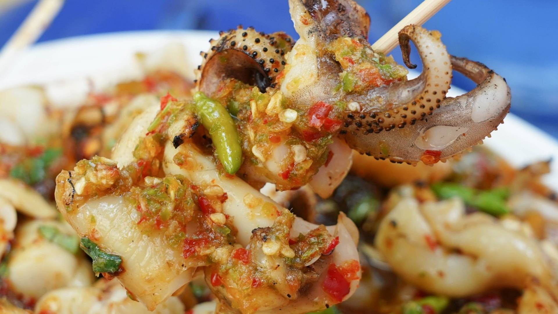 หมึกย่างหม่าล่าจรัสเวียงGrilled Squid with Mala Charan Wiang(ป้าทองหมึก ...