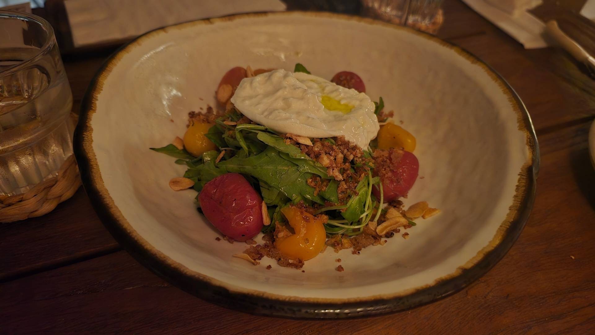 Rocket burrata, cherry tomato confit, jamon crumbs, garlic chips / 320 ...