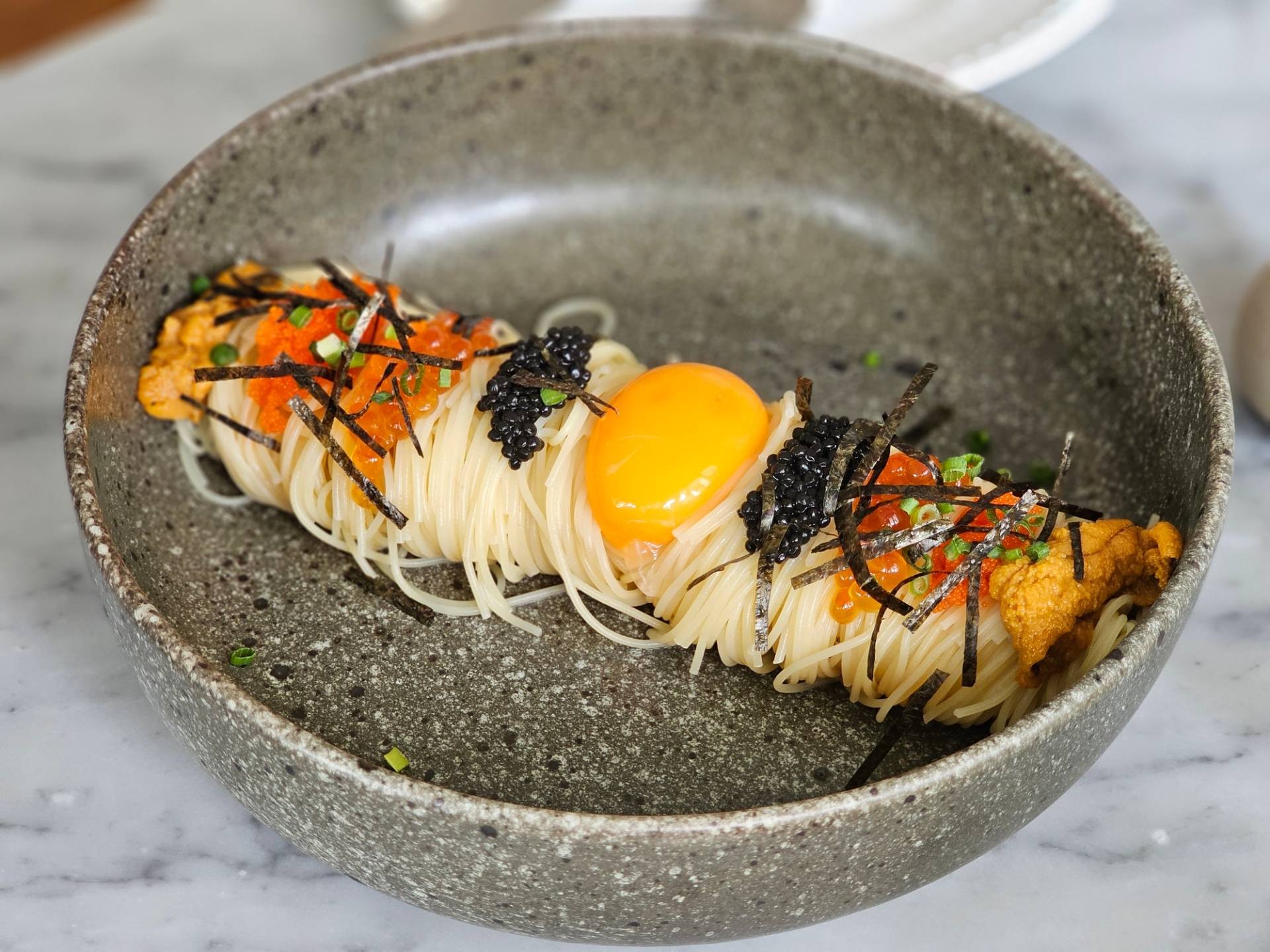 Cold Angel Hair Pasta With Ikura, Ebiko, Organic Egg Yolk, And Homemade ...