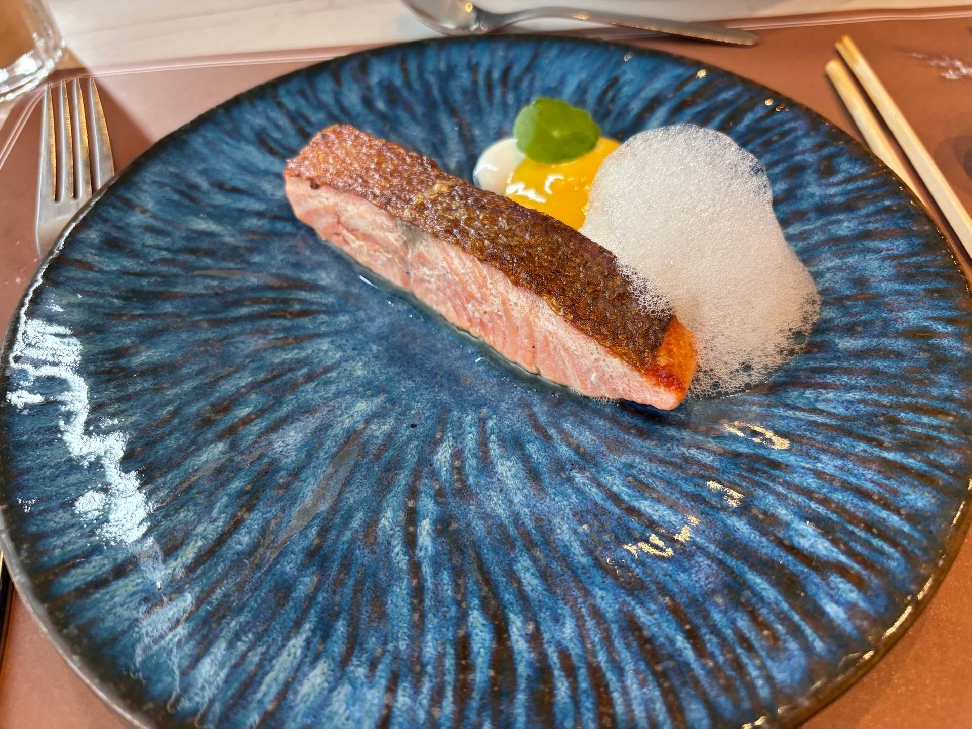 Pan-Seared Norwegian Fjord Trout Fish Veloute, Yuzu Fome ร้าน Copper ...