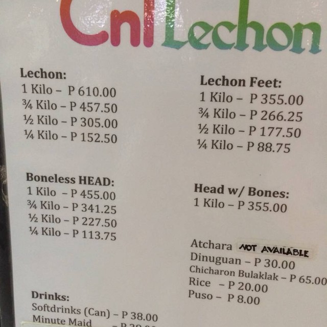 เมนูของร้านอาหาร CNT Lechon