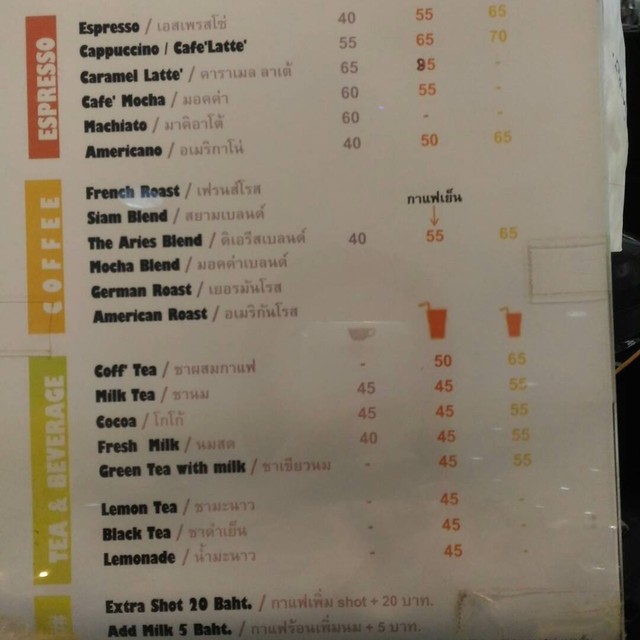 เมนูของร้านอาหาร The Aries Coffee Big c extra