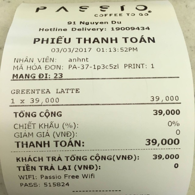เมนูของร้านอาหาร Passio Coffee to go