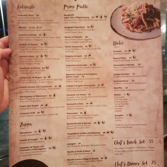 เมนูของร้านอาหาร Prego Raffles City