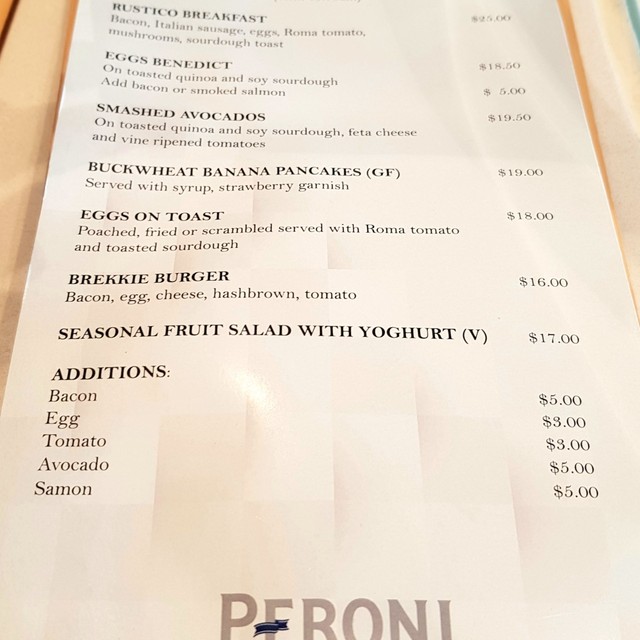 เมนูของร้านอาหาร Peroni Bar Sydney Airport