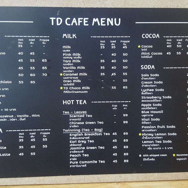 เมนูของร้านอาหาร TD Cafe ทีดี คาเฟ่ ปิดให้บริการ