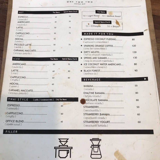 เมนูของร้านอาหาร One Two Two Coffee Bar Srinakarin.