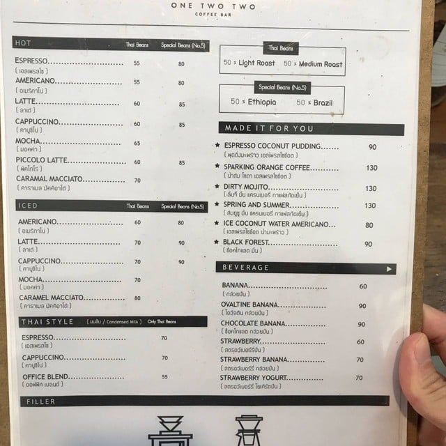 เมนูของร้านอาหาร One Two Two Coffee Bar Srinakarin.