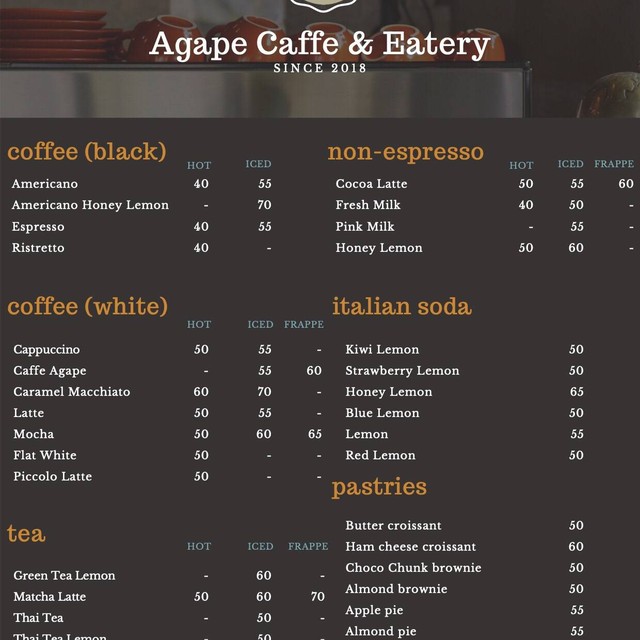 เมนูของร้านอาหาร Agape Caffe & Eatery