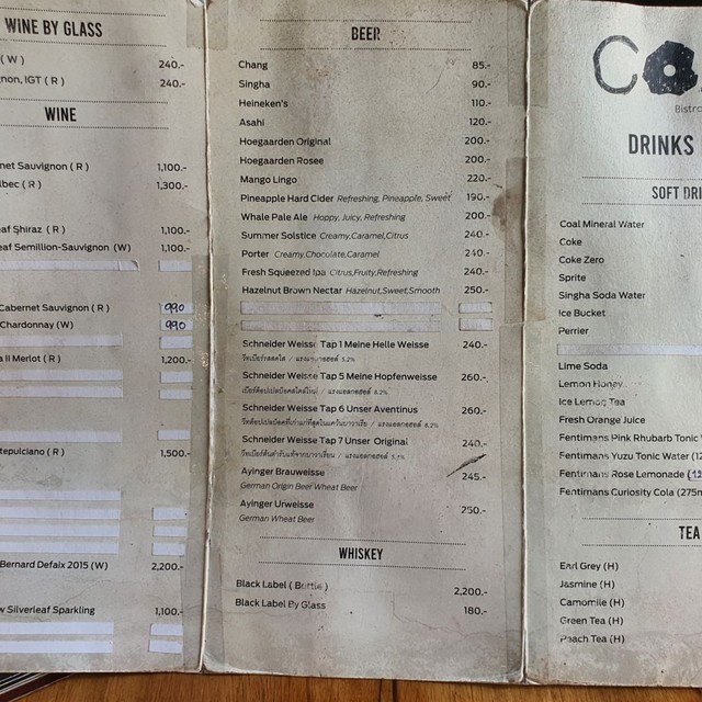 เมนูของร้านอาหาร COAL Bistro ฉิมพลี