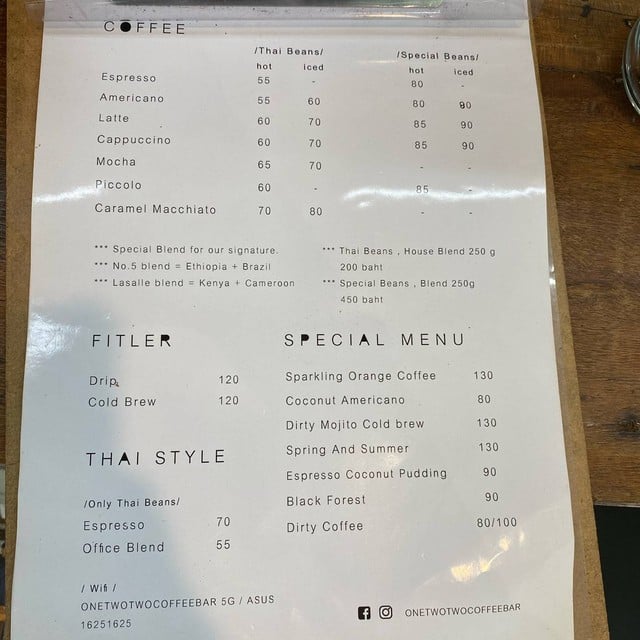 เมนูของร้านอาหาร One Two Two Coffee Bar Srinakarin.