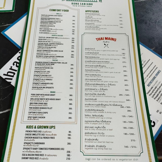 เมนูของร้านอาหาร Rong Sabiang
